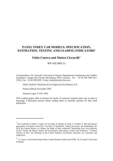 PANEL INDEX VAR MODELS: SPECIFICATION, ESTIMATION - Ivie