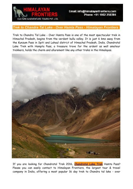 Chandratal Lake Trek Over Hamta Pass - Himalayan Frontiers