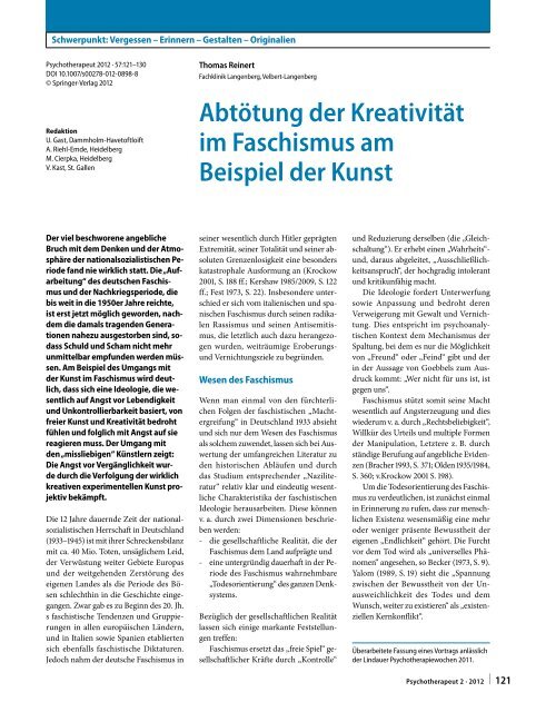 Thomas Reinert: Abtötung der Kreativität im Faschismus am Beispiel der ...