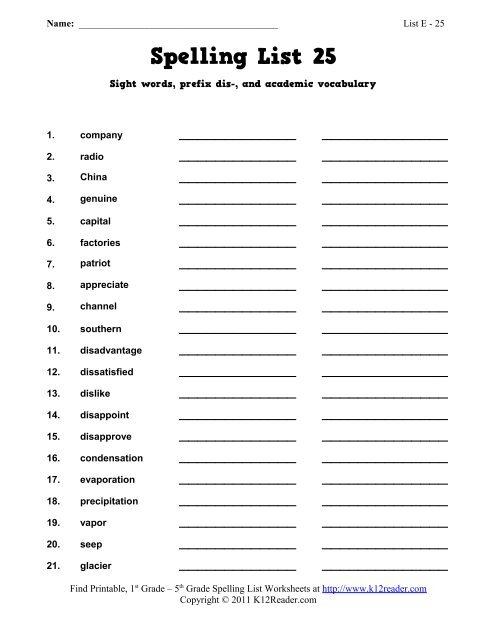 5th Grade Words List Printable
