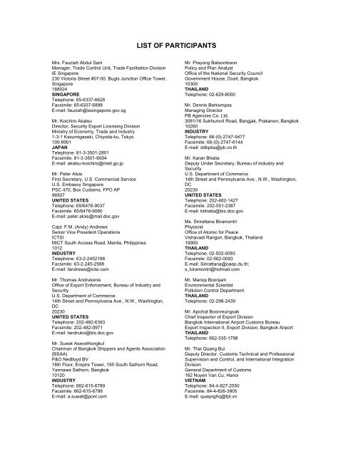 LIST OF PARTICIPANTS - Export Control