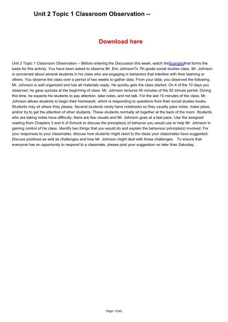 Unit 2 Topic 1 Classroom Observation