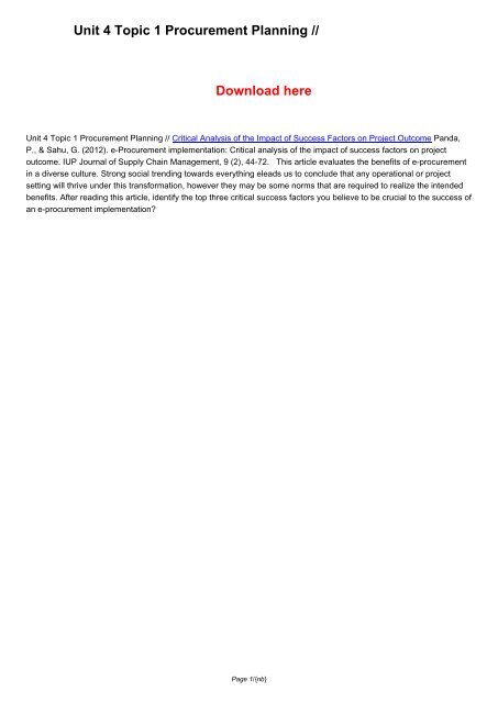 Unit 4 Topic 1 Procurement Planning