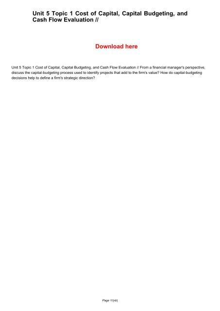 Unit 5 Topic 1 Cost of Capital, Capital Budgeting, and Cash Flow Evaluation