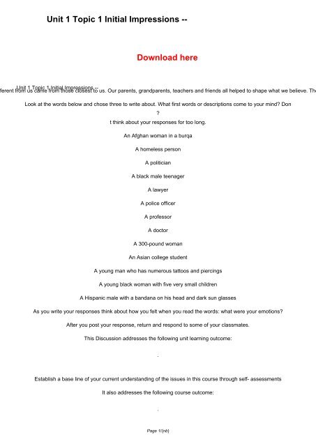 Unit 1 Topic 1 Initial Impressions