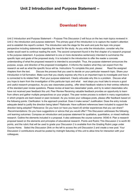 Unit 2 Introduction and Purpose Statement