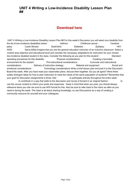 UNIT 4 Writing a Low-Incidence Disability Lesson Plan
