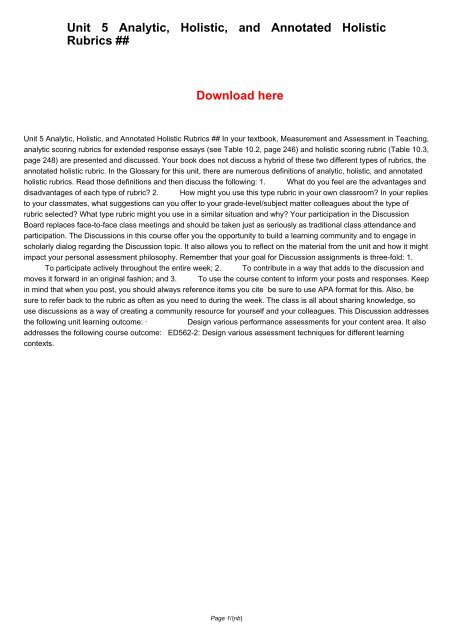 Unit 5 Analytic, Holistic, and Annotated Holistic Rubrics