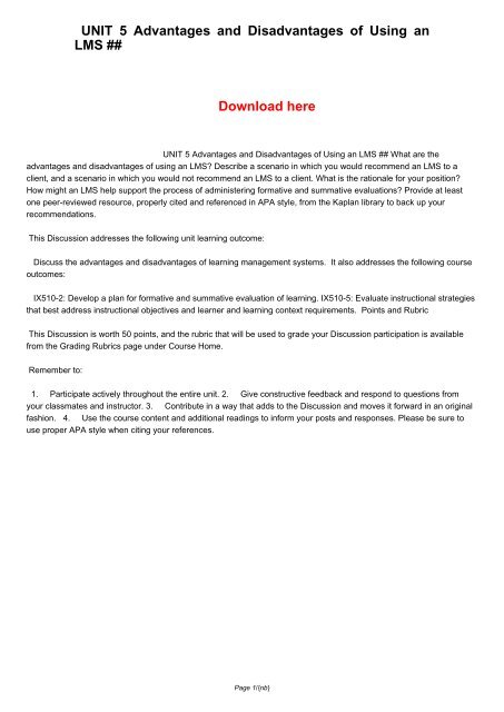 UNIT 5 Advantages and Disadvantages of Using an LMS