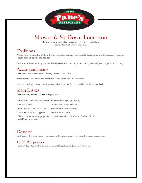 Pane's Restaurant - Banquet Menu