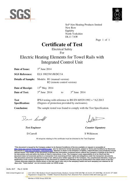 Element testing certificate R1 and R2