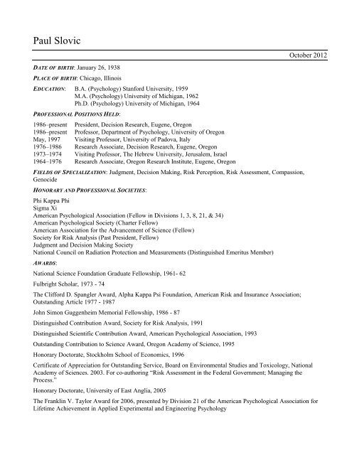 Paul Slovic - Decision Research