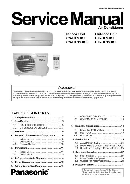 Indoor Unit Outdoor Unit CS-UE9JKE CS-UE12JKE CU-UE9JKE CU ...