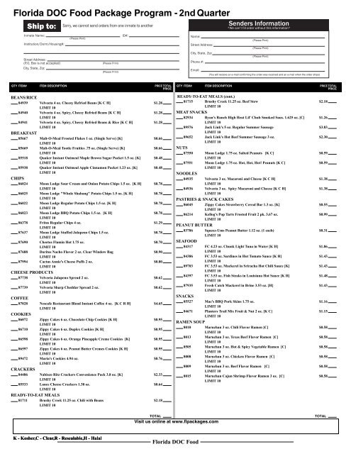 Florida DOC Food Package Program - Quarter - Access Securepak
