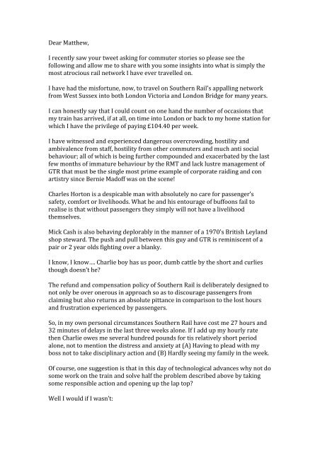 Southern Rail Letter