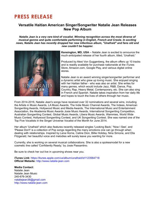 Versatile Haitian American Singer/Songwriter Natalie Jean Releases New ...
