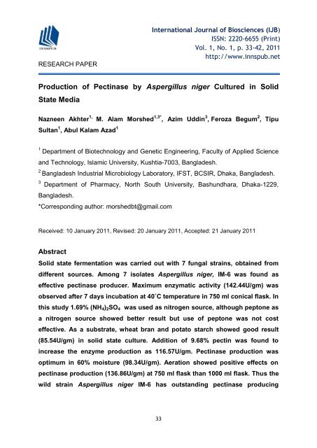 Production Of Pectinase By Aspergillus Niger Cultured In Solid State Media