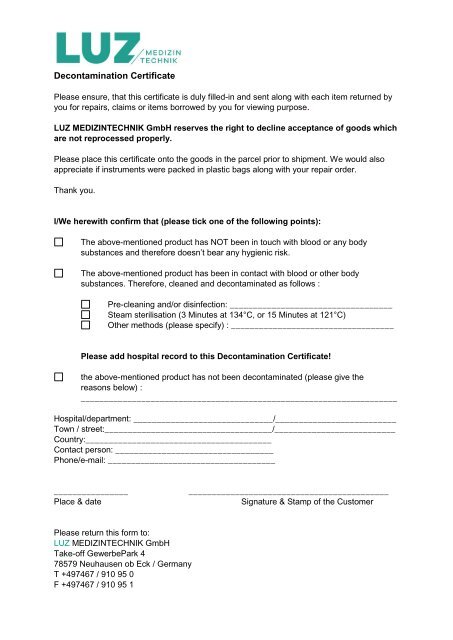 Decontamination Certificate