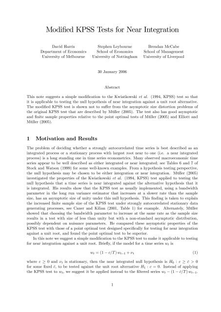 Modified KPSS Tests for Near Integration - Department of ...