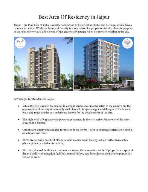 Best Area Of Residency in Jaipur