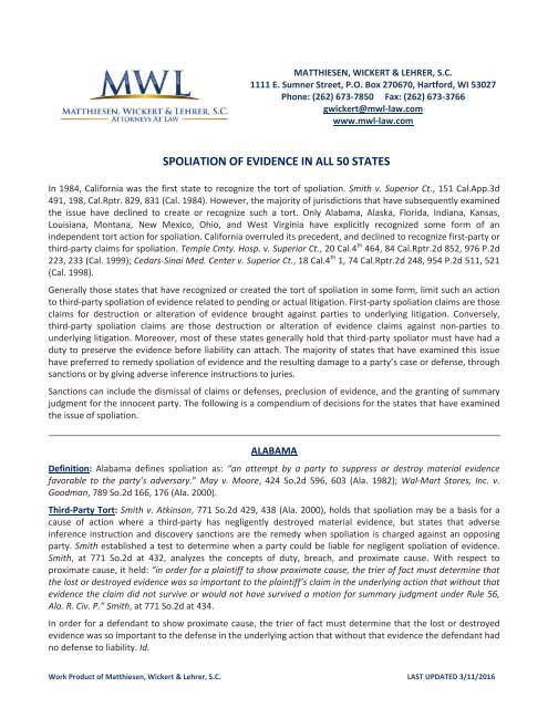 SPOLIATION OF EVIDENCE IN ALL 50 STATES