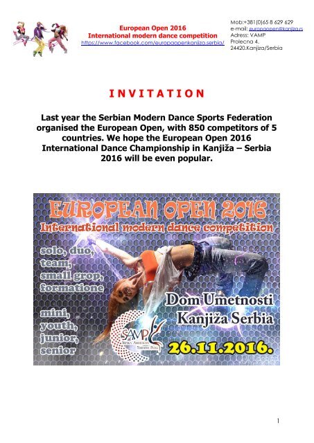 INVITATION LETTER EUROPEAN OPEN 2016 International moderndance competition