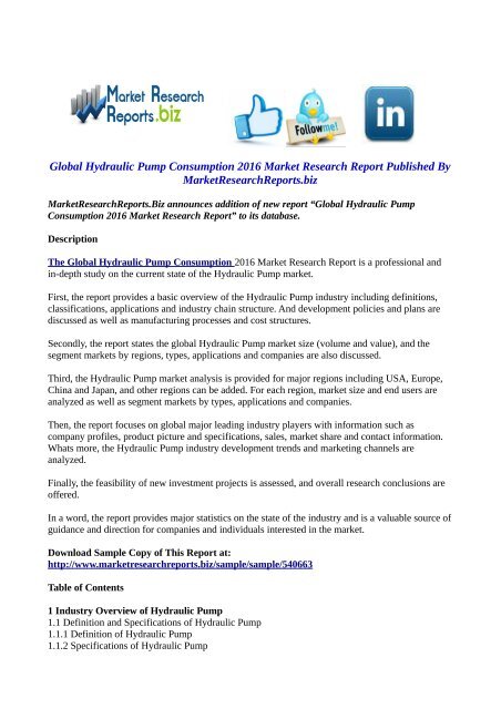 Global Hydraulic Pump Consumption 2016 Market Research Report