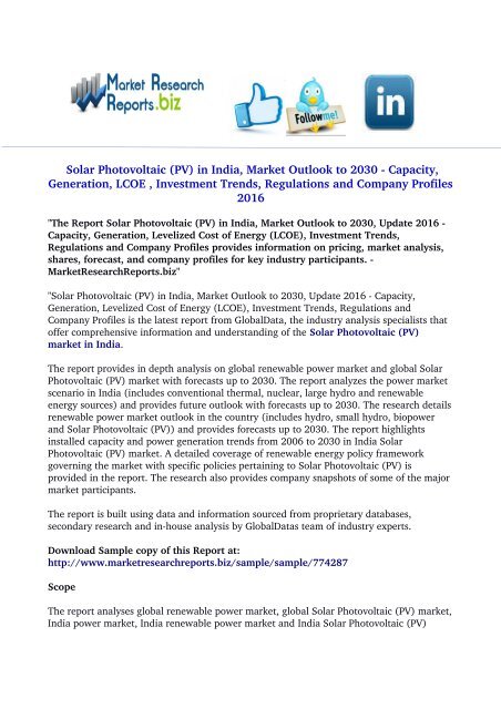 Solar Photovoltaic (PV) in India, Market Outlook to 2030, Update 2016 ...