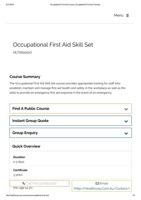 Occupational First Aid Course, Occupational First Aid Training