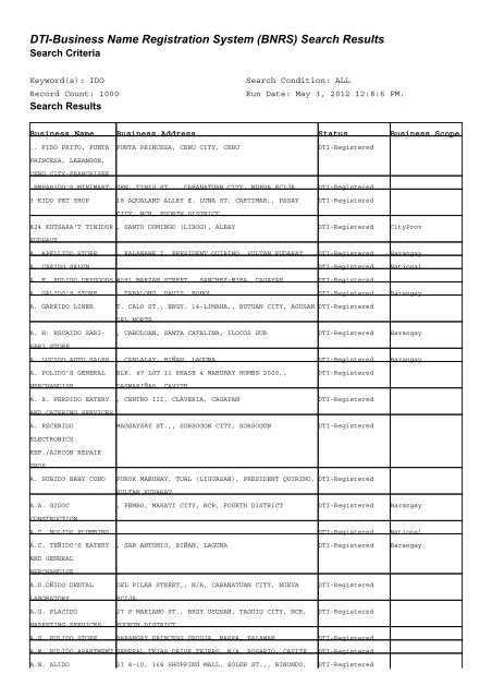 DTI-Business Name Registration System (BNRS) Search Results