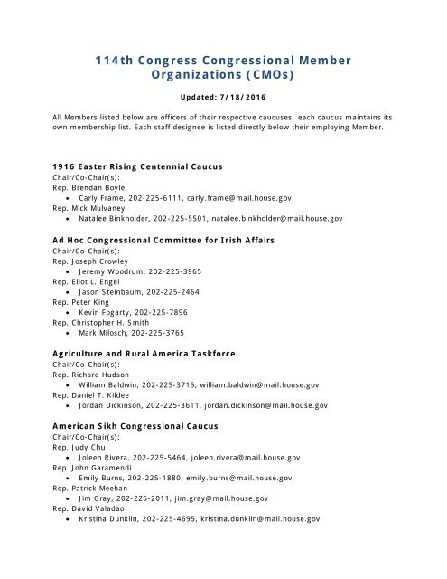 114th Congress Congressional Member Organizations (CMOs)