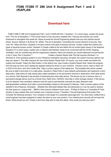 IT286 IT/286 IT 286 Unit 9 Assignment Part 1 and 2 KAPLAN