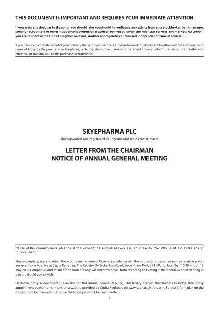 SKYEPHARMA PLC LETTER FROM THE CHAIRMAN NOTICE OF ...