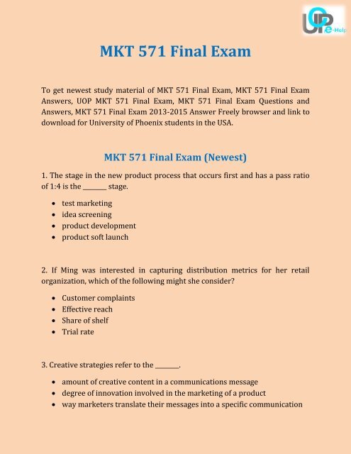 MKT 571 Final Exam Questions & Answers - MKT 571 Final Exam at UOP E Help