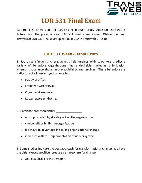 LDR 531 Final Exam | LDR 531 Final Exam Answers | Transweb E Tutors