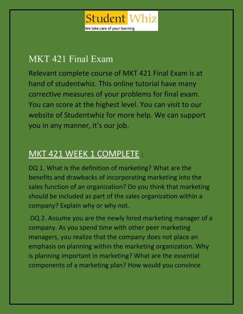 MKT 421 Final Exam | MKT 421 Final Exam Answers | ECO 365 Final Exam Analysis - Studentwhiz