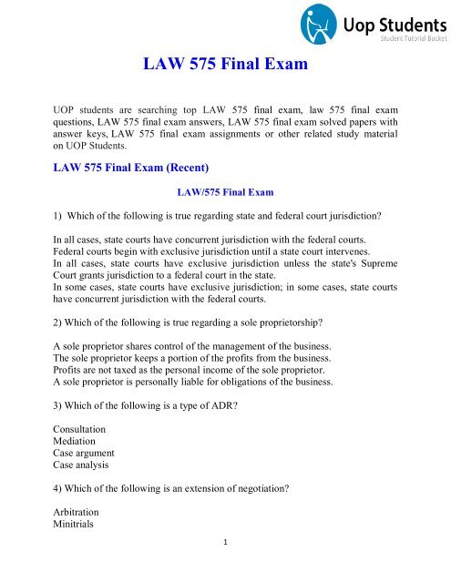 LAW 575 Final Exam Answer free : UOP Students
