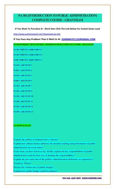 PA 301 (INTRODUCTION TO PUBLIC ADMINISTRATION) COMPLETE COURSE – GRANTHAM PA 301 (INTRODUCTION TO PUBLIC ADMINISTRATION) COMPLETE COURSE – GRANTHAM