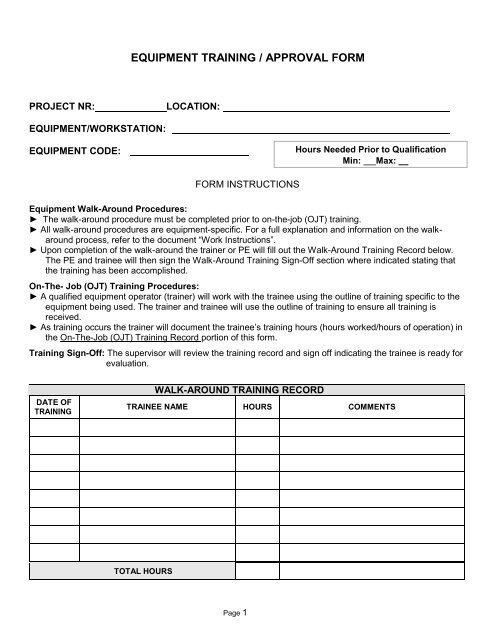 EQUIPMENT TRAINING APPROVAL FORM