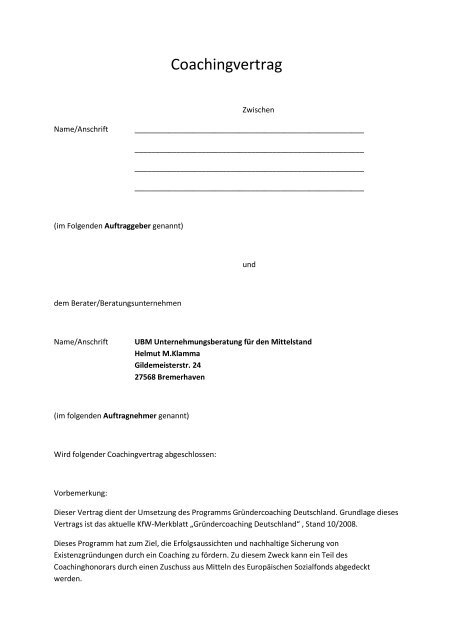 Coachingvertrag als PDF Datei herunterladen - UBM Klamma