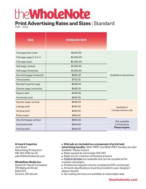 Standard Rates and Sizes