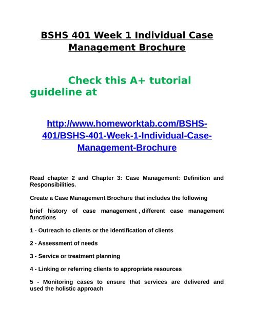 BSHS 401 Week 1 Individual Case Management Brochure