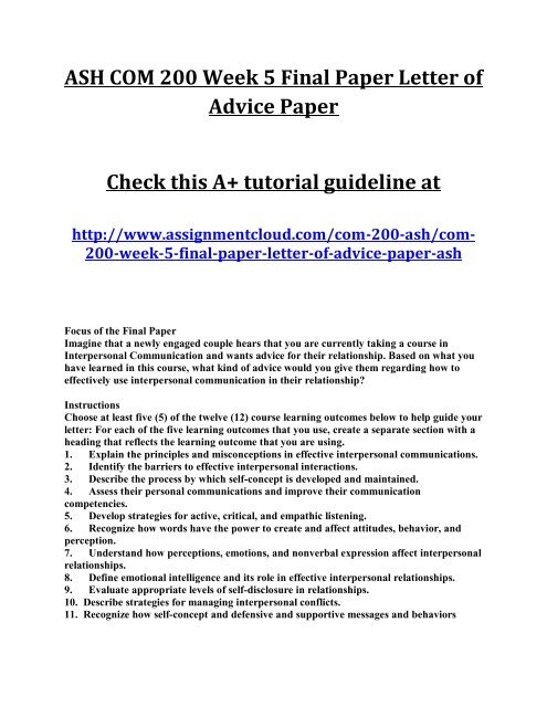 ASH COM 200 Week 5 Final Paper Letter of Advice Paper