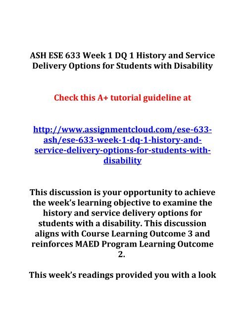 ASH ESE 633 Week 1 DQ 1 History and Service Delivery Options for ...