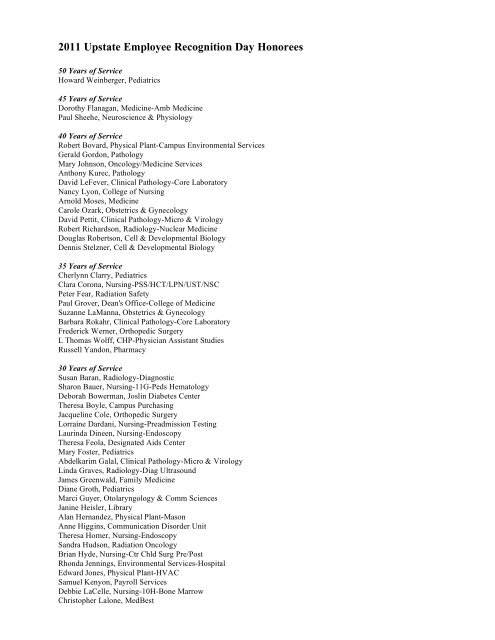 2011 Upstate Employee Recognition Day Honorees