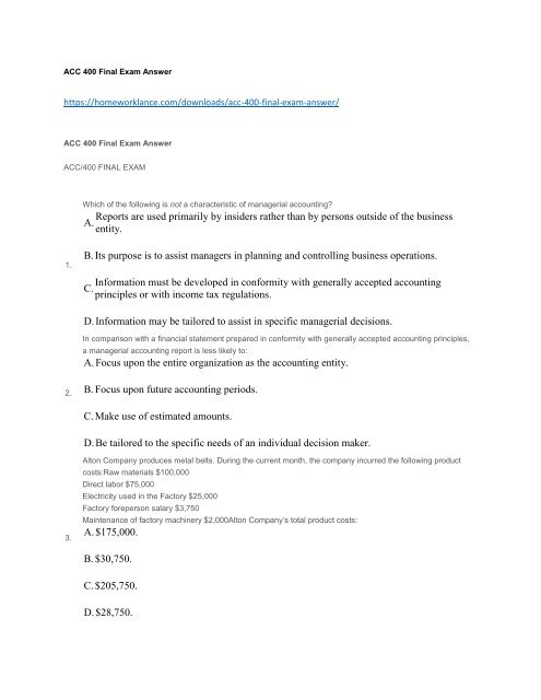 ACC 400 Final Exam Answer