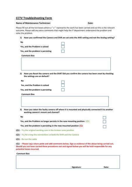 CCTV Trouble shooting form