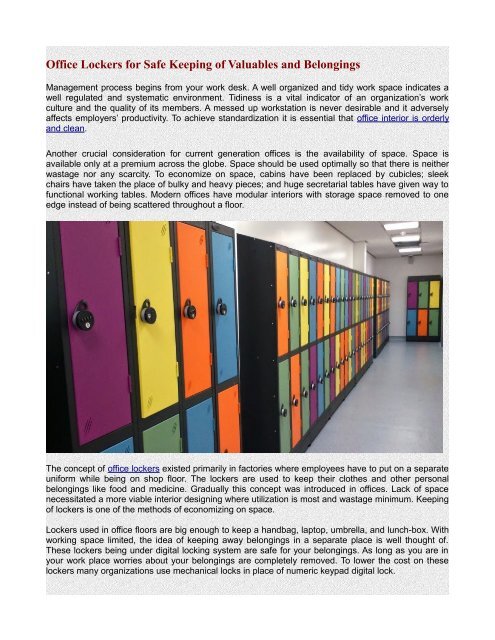 Office Lockers for Safe Keeping of Valuables and Belongings