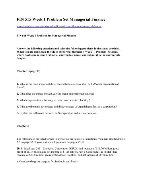 FIN 515 Week 1 Problem Set Managerial Finance FIN 515 Week 1 Problem Set Managerial Finance