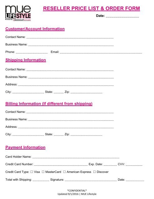 MUE RESELLER PRICE LIST ORDER FORM